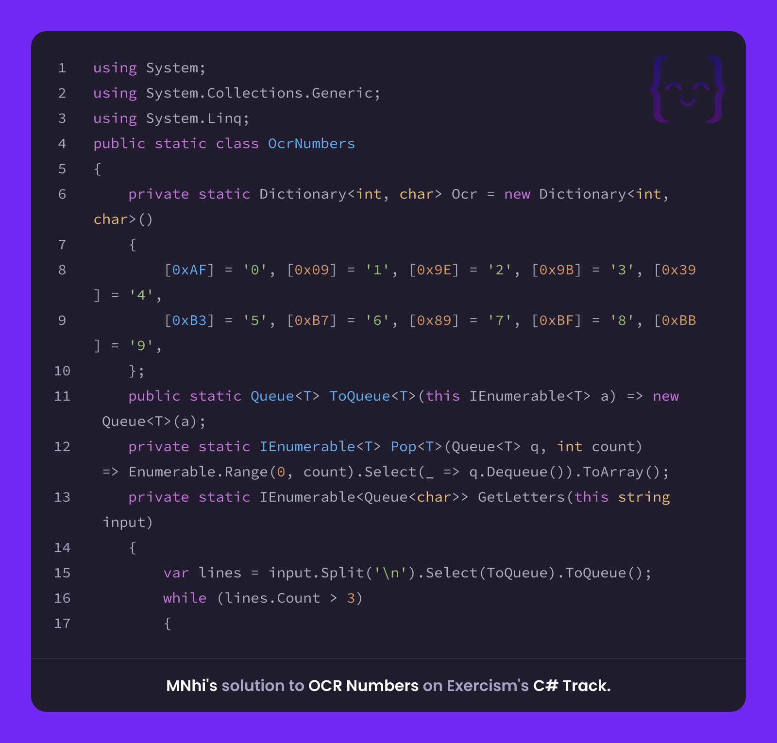 MNhi's solution for OCR Numbers in C# on Exercism