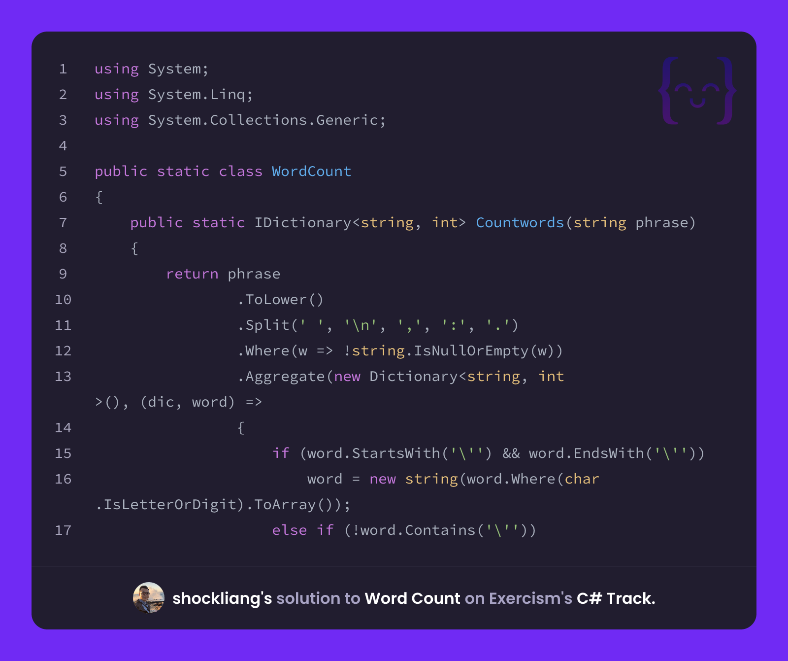 shockliang's solution for Word Count in C# on Exercism