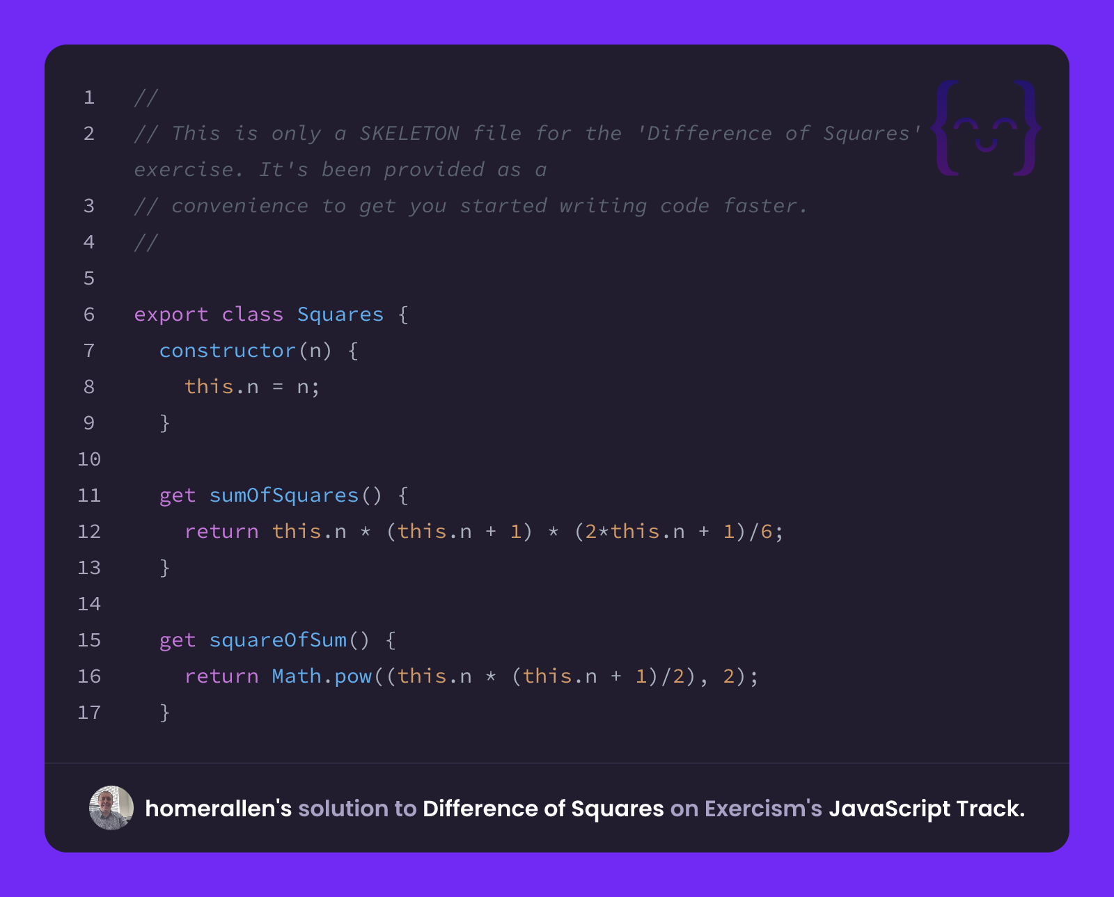 homerallen's solution for Difference of Squares in JavaScript on Exercism