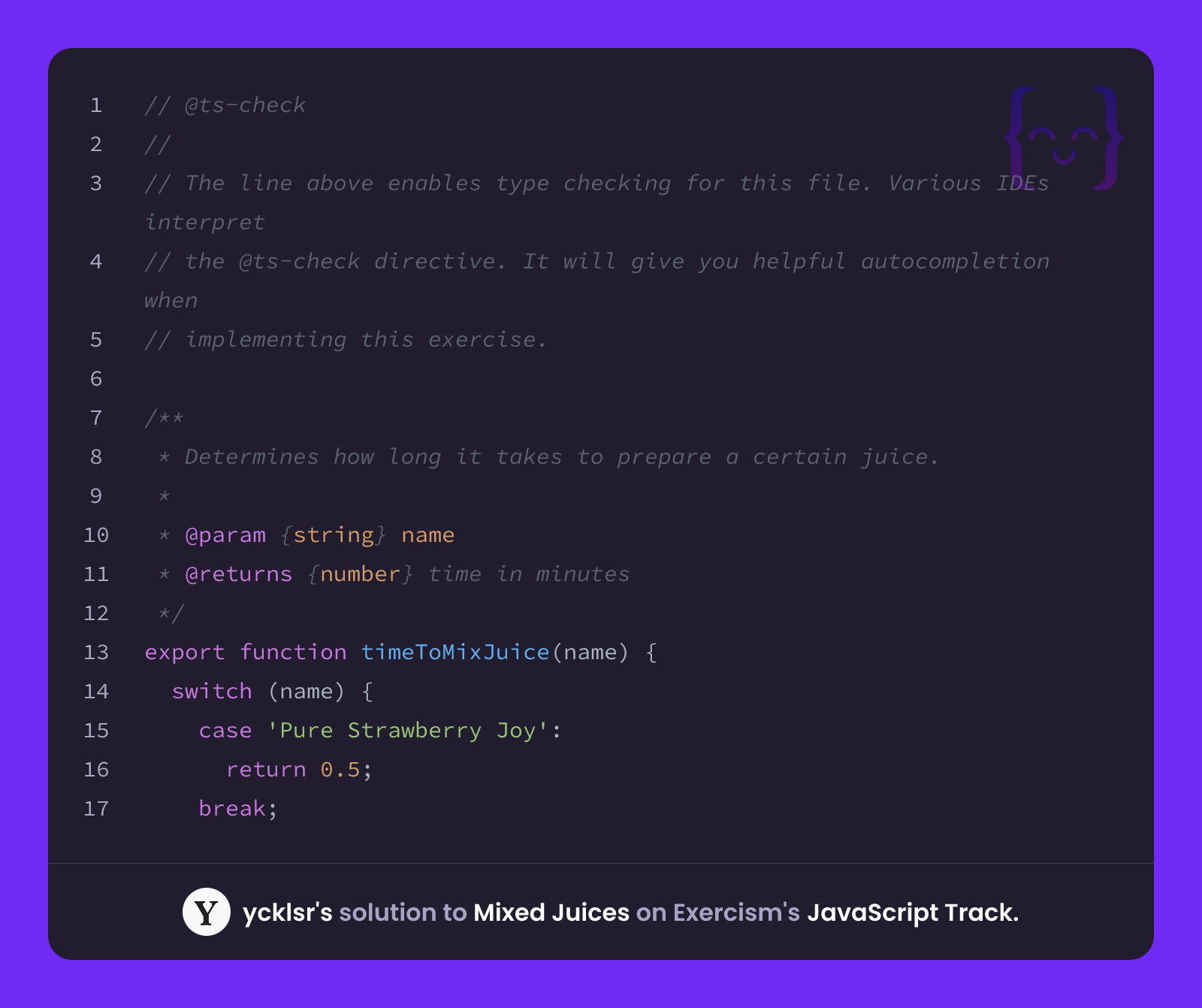 ycklsr's solution for Mixed Juices in JavaScript on Exercism