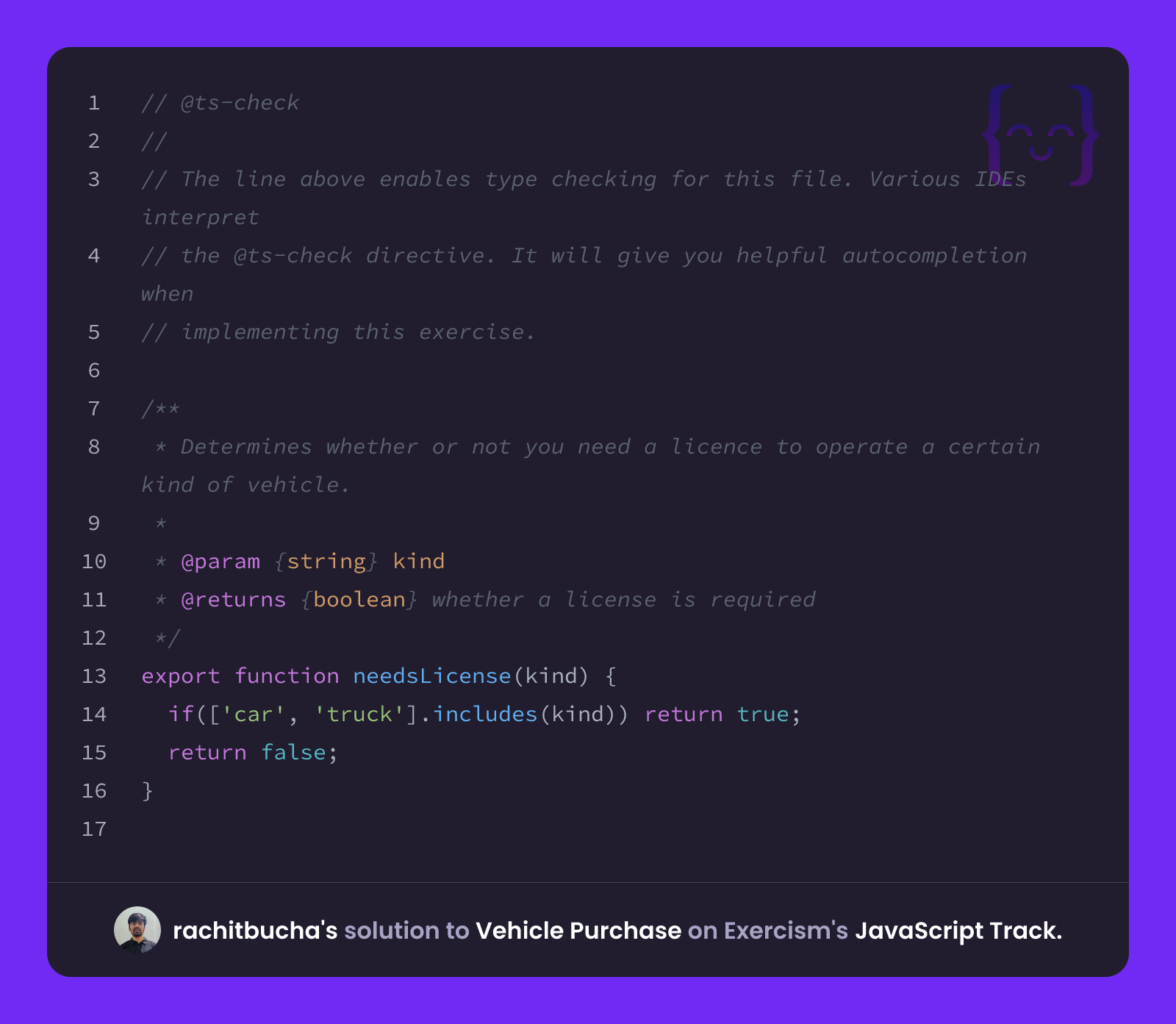 rachitbucha's solution for Vehicle Purchase in JavaScript on Exercism