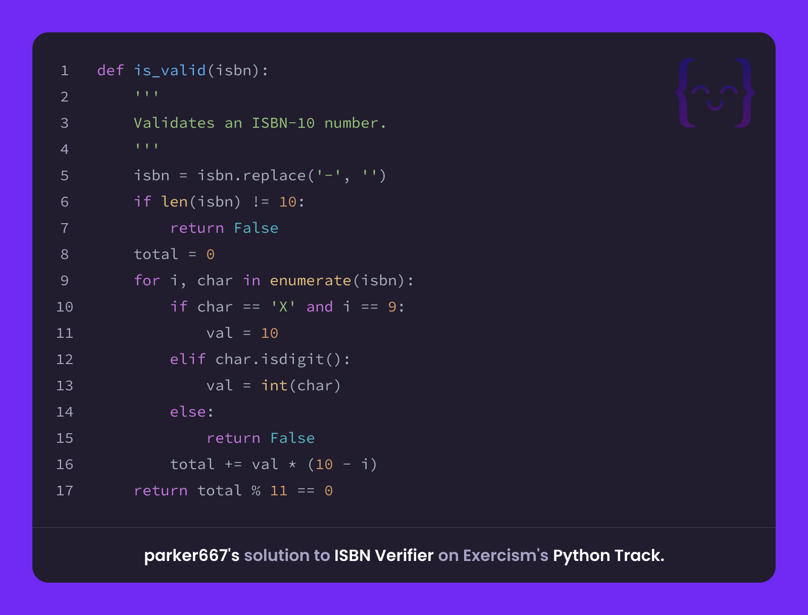 parker667's solution for ISBN Verifier in Python on Exercism