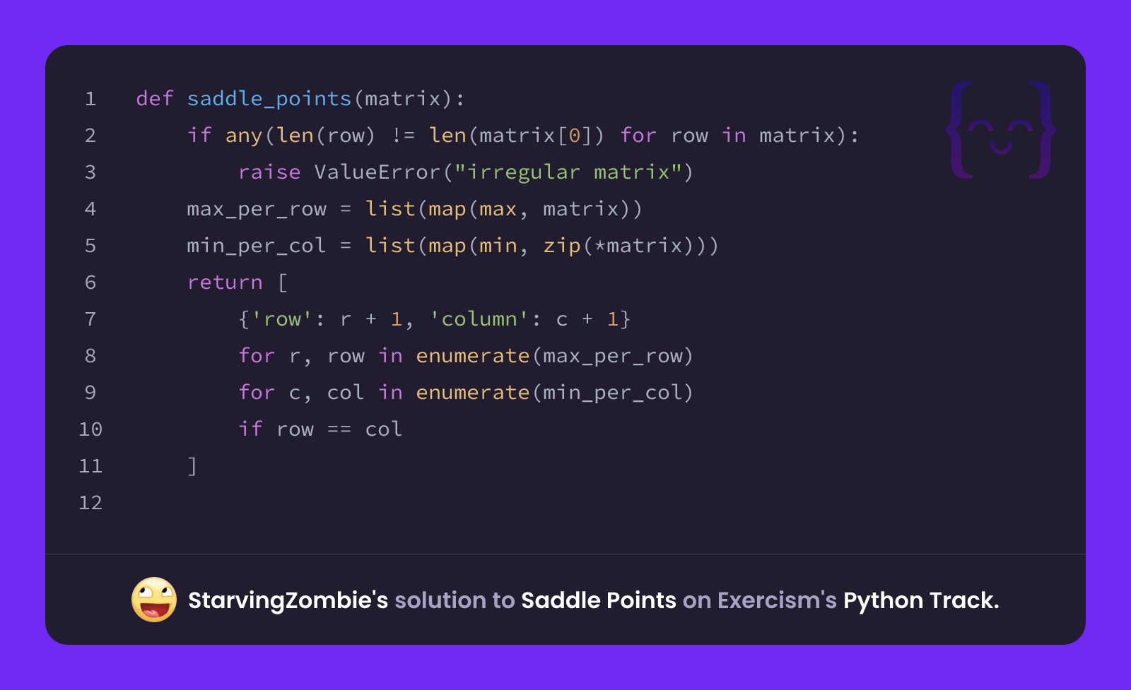 StarvingZombie's solution for Saddle Points in Python on Exercism