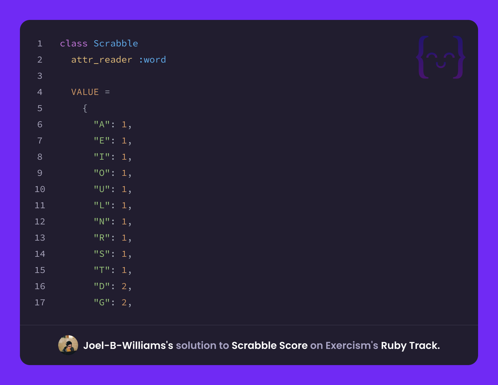 Joel-B-Williams's solution for Scrabble Score in Ruby on Exercism